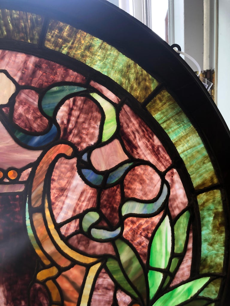 Late 19th Century Antique Round Stained Glass Window in a Wood Frame ...