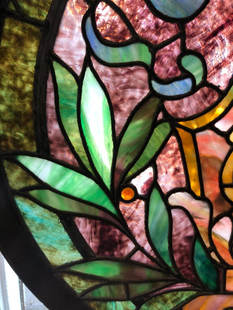Late 19th Century Antique Round Stained Glass Window in a Wood Frame ...