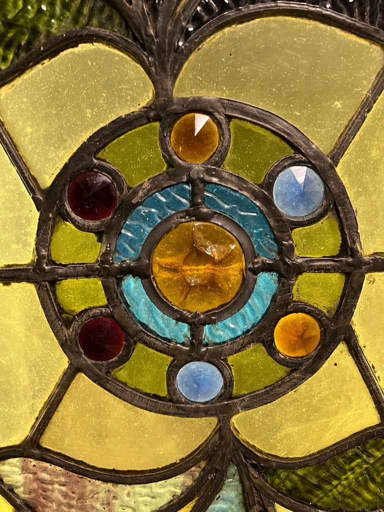 Late 19th Century Antique Stained Glass Window with Flowers and Jewels ...