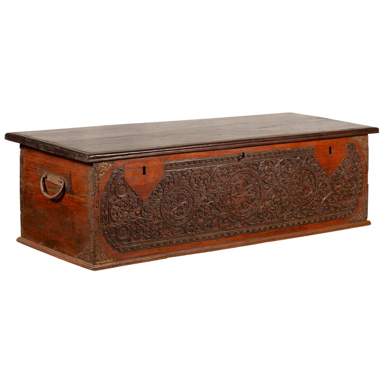 Late 19th Century Coffer from Sumatra with Carved Motifs and Iron ...