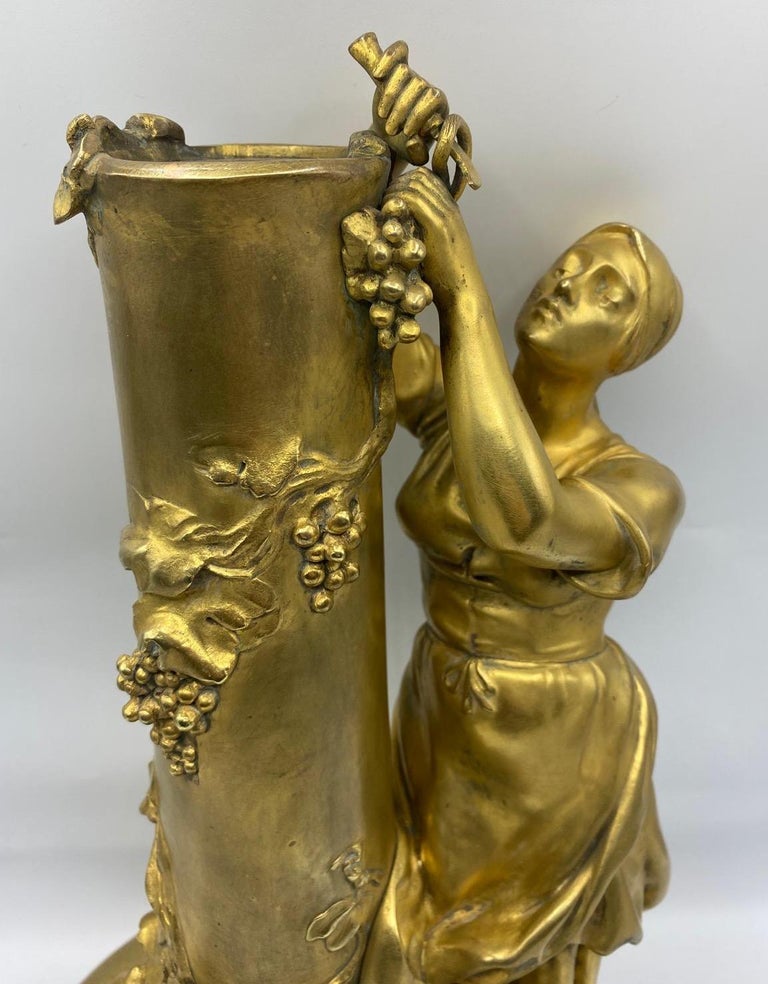 Late 19th Century French Bronze Vase of Woman Harvesting Grapes For ...
