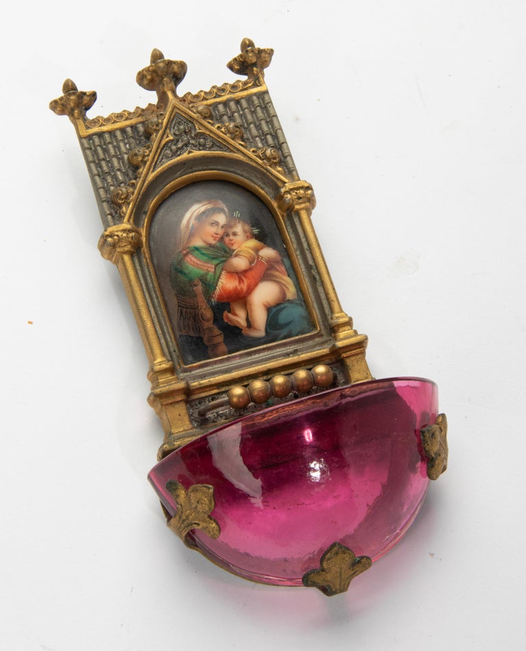 Late 19th Century Gothic Style Holy Water Font Painted Maria Jesus For ...