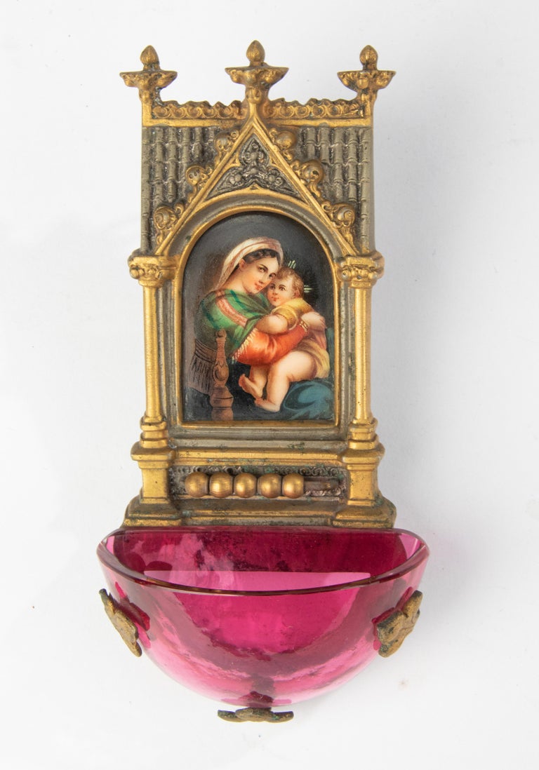 Late 19th Century Gothic Style Holy Water Font Painted Maria Jesus For ...