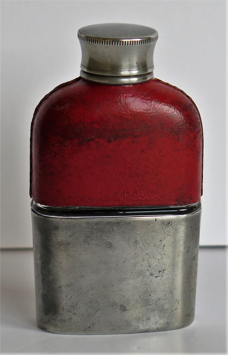 Late 19th Century Ladies Hip Flask Red Leather Glass and Pewter Cup ...