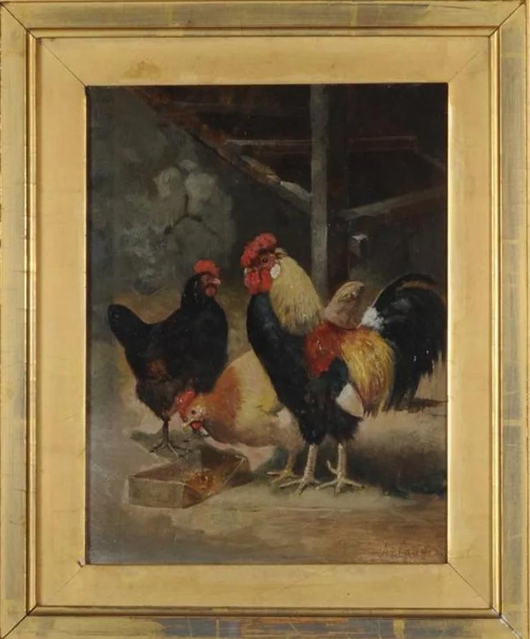 Late 19th Century Oil on Panel Rooster and Hens Painting, Signed ...
