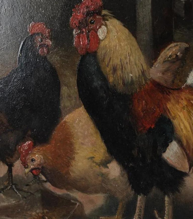 Late 19th Century Oil on Panel Rooster and Hens Painting, Signed ...