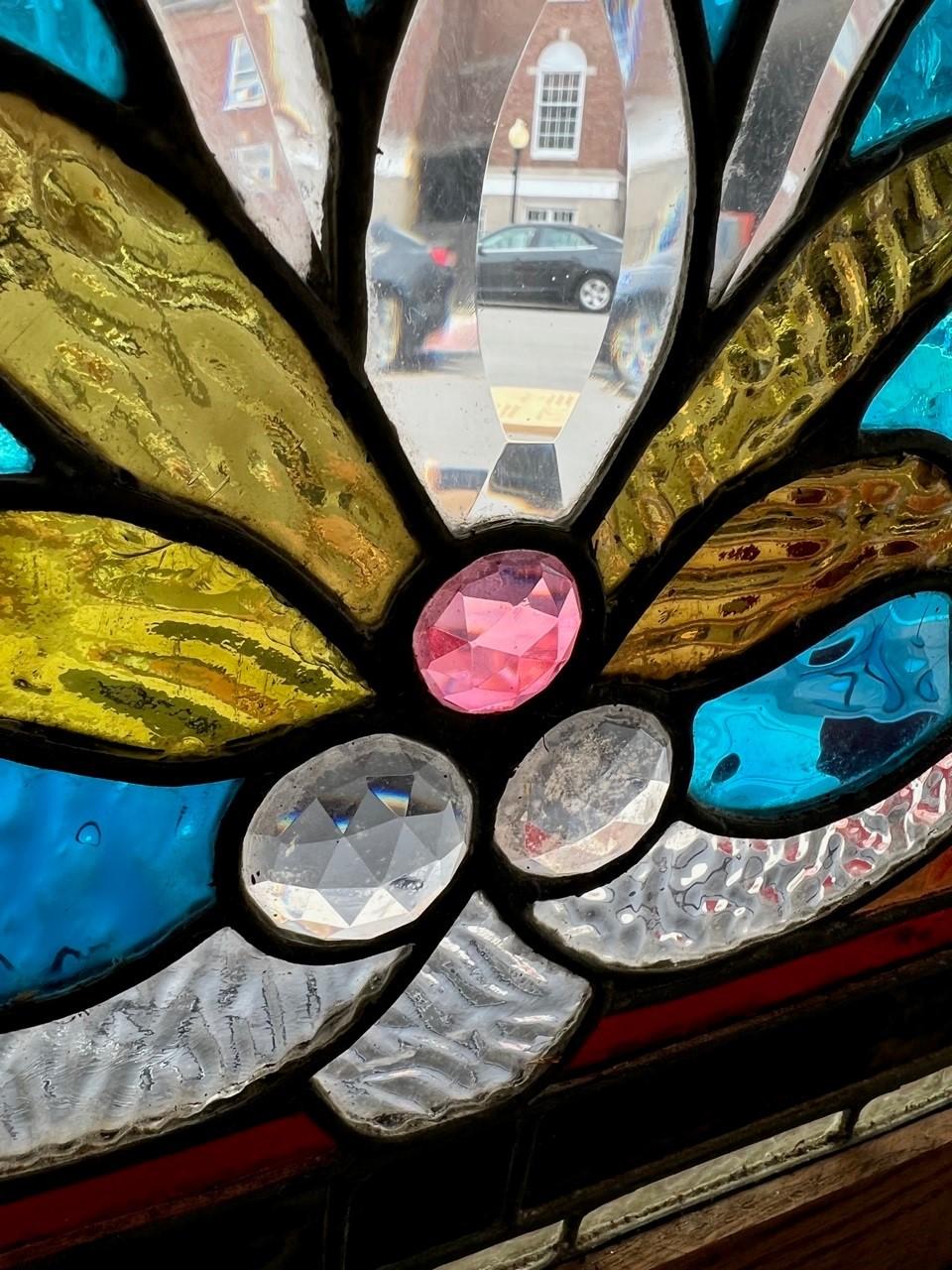 Late 19th Century Pair of Antique Stained Glass Window with Jewels Wood ...