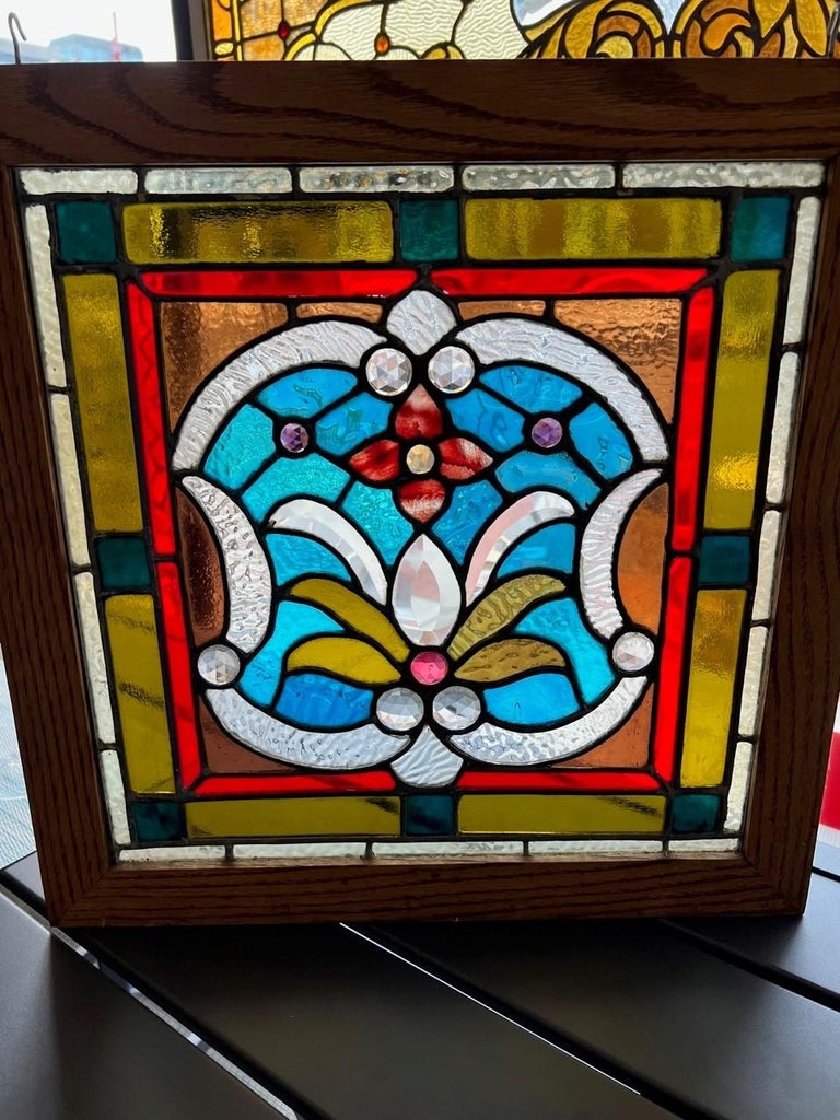 Late 19th Century Pair of Antique Stained Glass Window with Jewels Wood ...