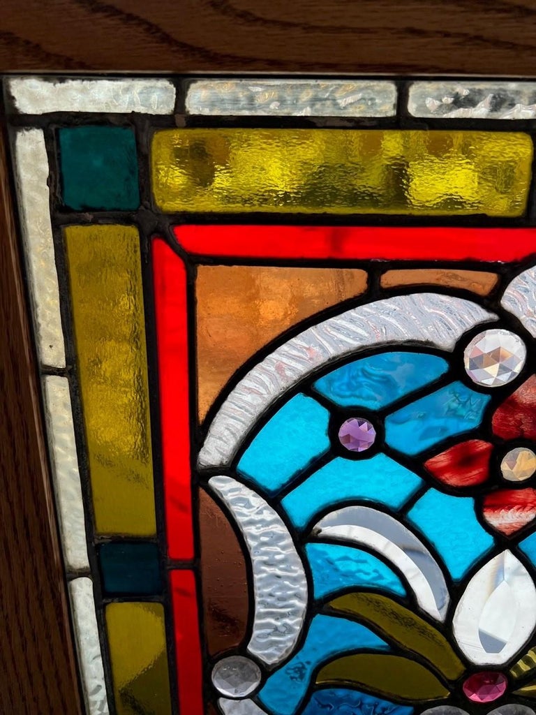 Late 19th Century Pair of Antique Stained Glass Window with Jewels Wood ...