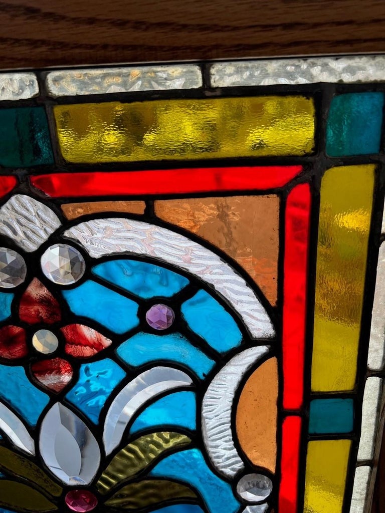 Late 19th Century Pair of Antique Stained Glass Window with Jewels Wood ...