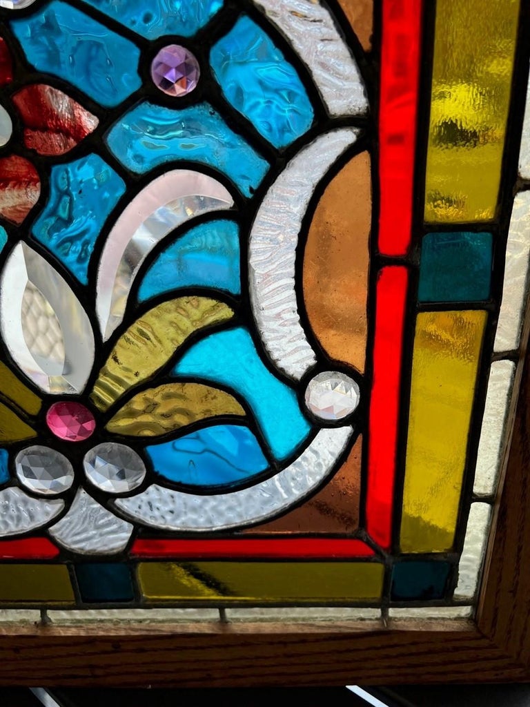 Late 19th Century Pair of Antique Stained Glass Window with Jewels Wood ...