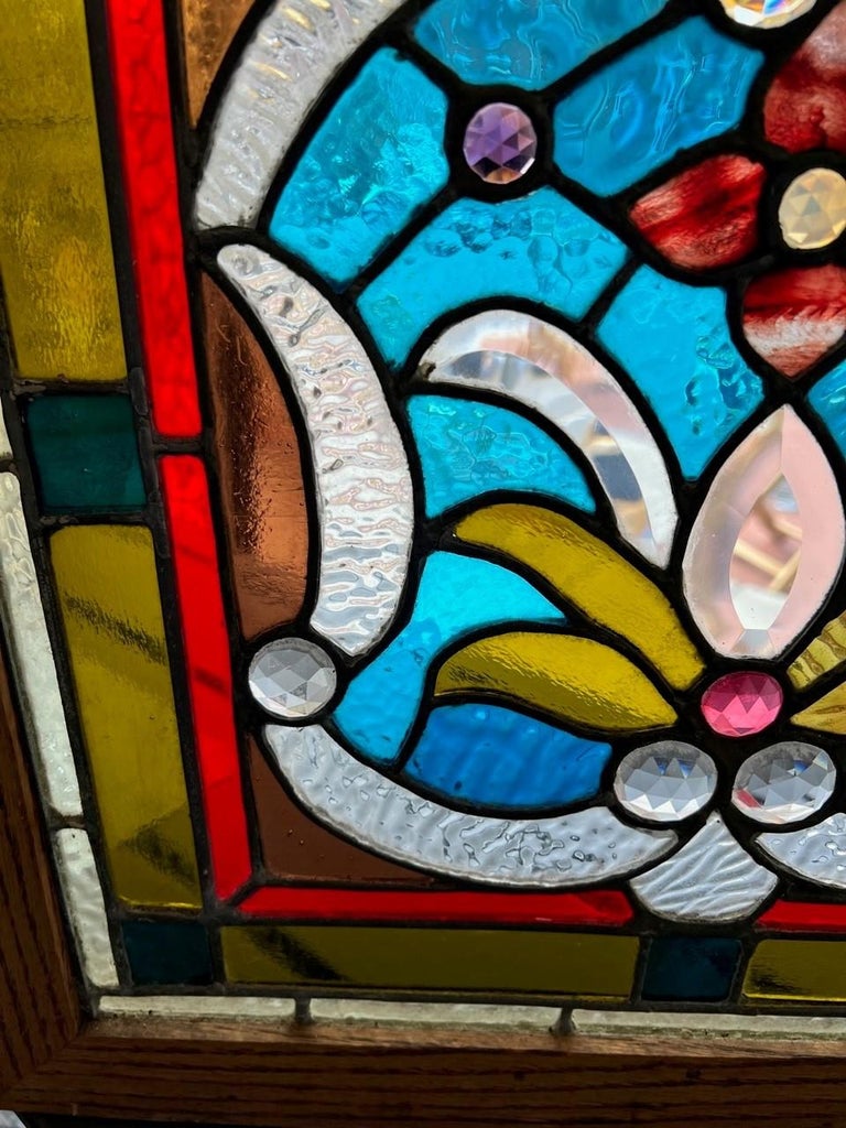 Late 19th Century Pair of Antique Stained Glass Window with Jewels Wood ...