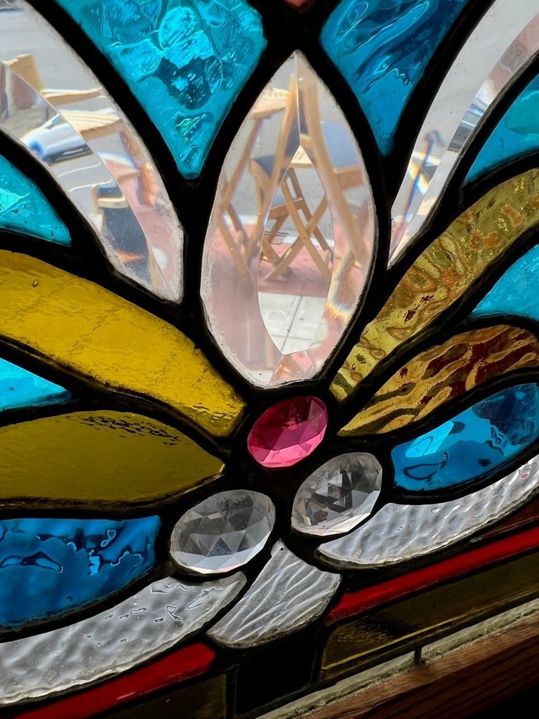 Late 19th Century Pair of Antique Stained Glass Window with Jewels Wood ...