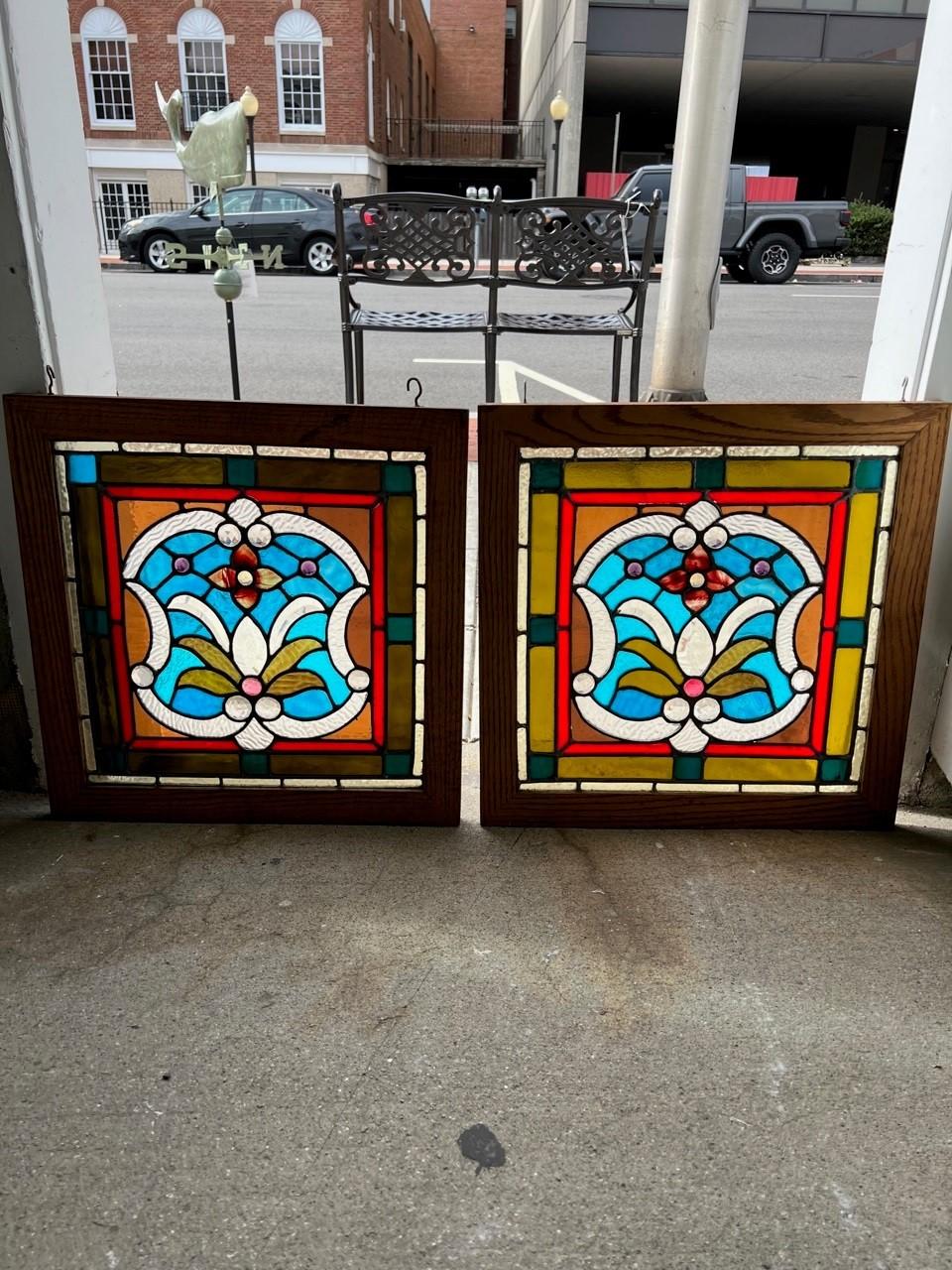 Late 19th Century Pair of Antique Stained Glass Window with Jewels Wood ...