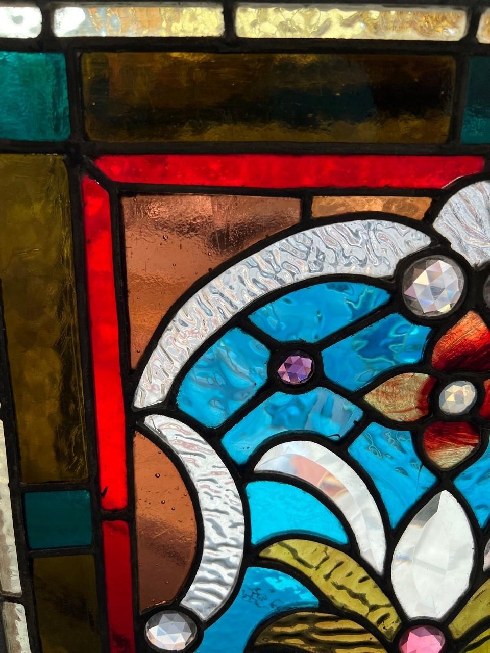 Late 19th Century Pair of Antique Stained Glass Window with Jewels Wood ...