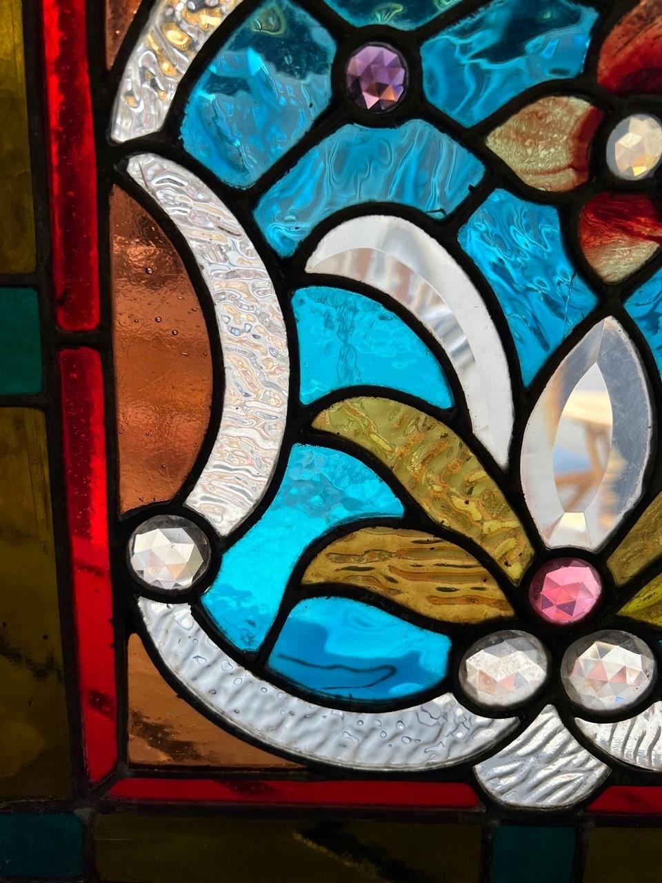 Late 19th Century Pair of Antique Stained Glass Window with Jewels Wood ...