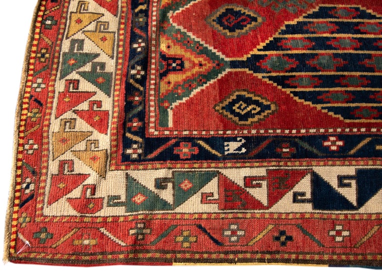 Late 19th Century Red, Blue Kazakh Rug For Sale at 1stDibs