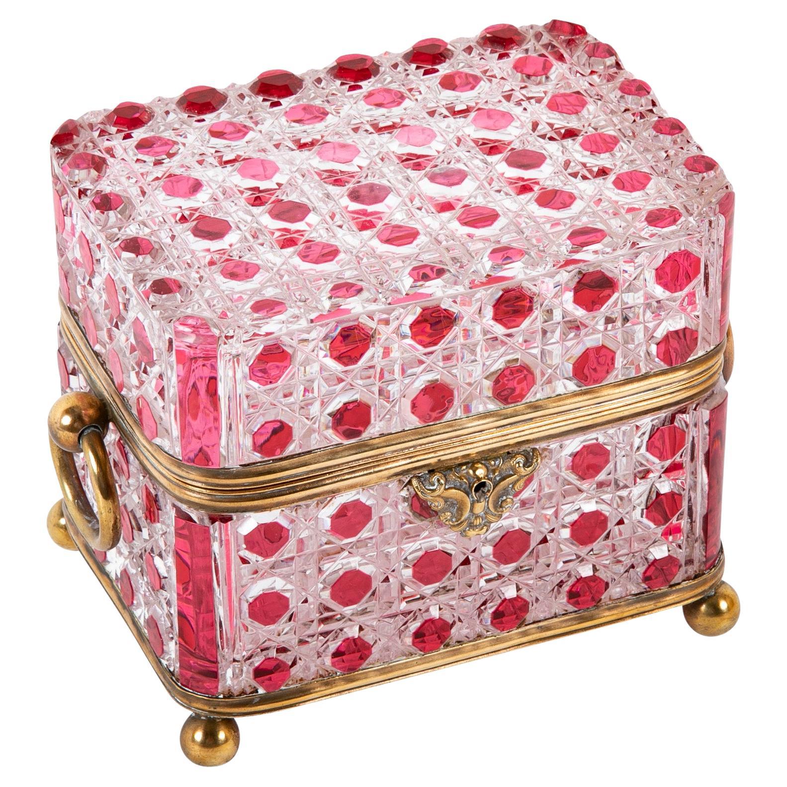 Pink Cranberry and Clear Beveled Rectangular Glass Box Vintage For Sale ...
