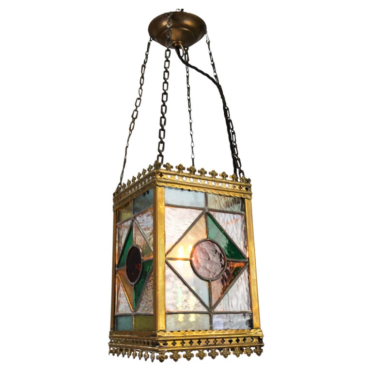 Late 19th Century Stained Glass and Brass Lantern at 1stDibs