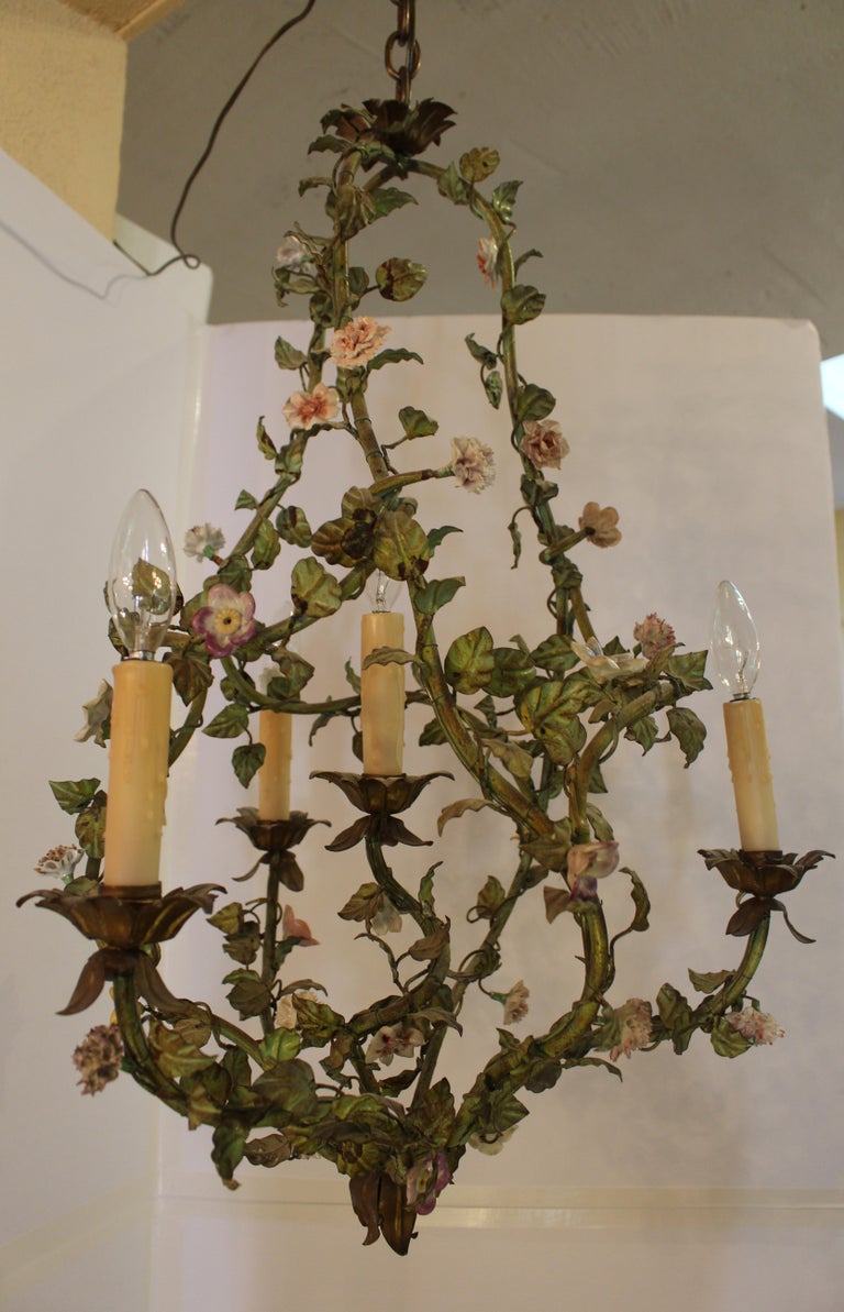 Late 19th Century Verdigris Tole 4-Light Chandelier For Sale at 1stDibs