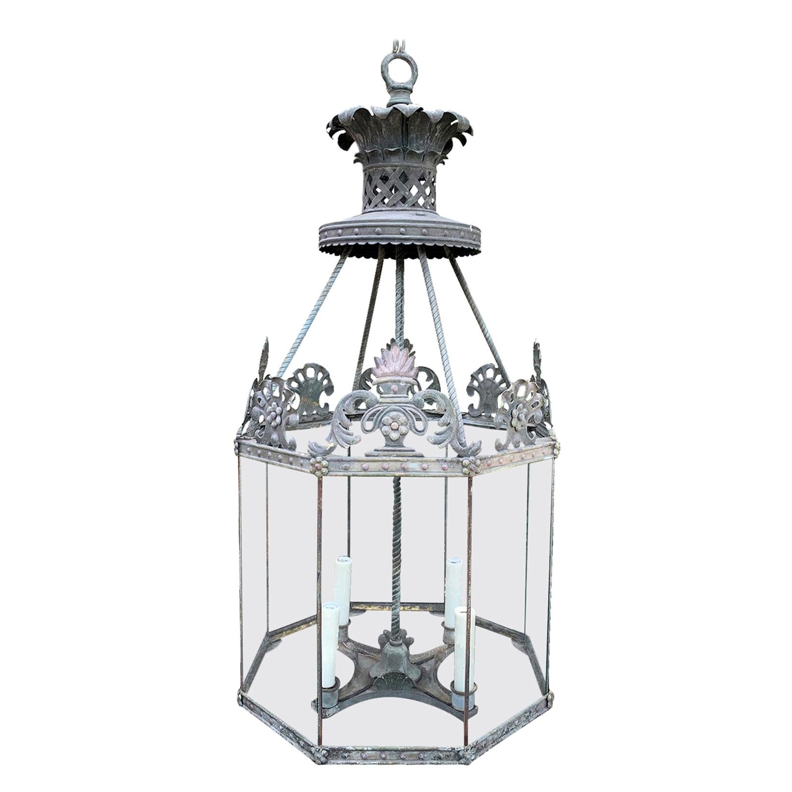 Large Brass Octagonal Cut-Glass Four-Light Lantern For Sale at 1stdibs