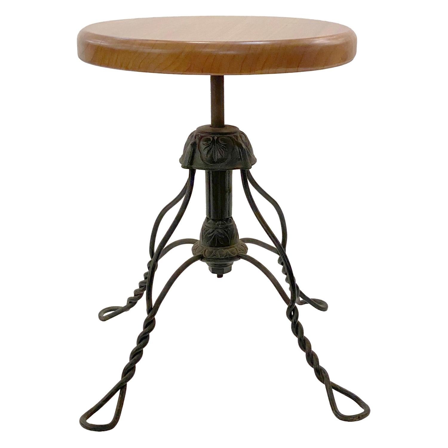 New Industrial Wrought Iron Shop Stool with Oak Seat For Sale at 1stDibs