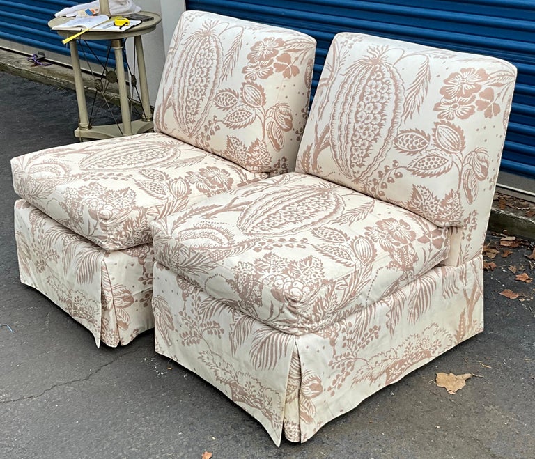 Late 20th Century Julia Gray Slipper Chairs in an Island Fruit Linen, Pair For Sale at 1stDibs