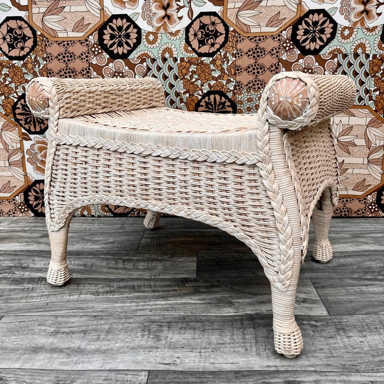 Late 20th Century Boho Chic Coastal Style Rattan Vanity Bench For Sale ...