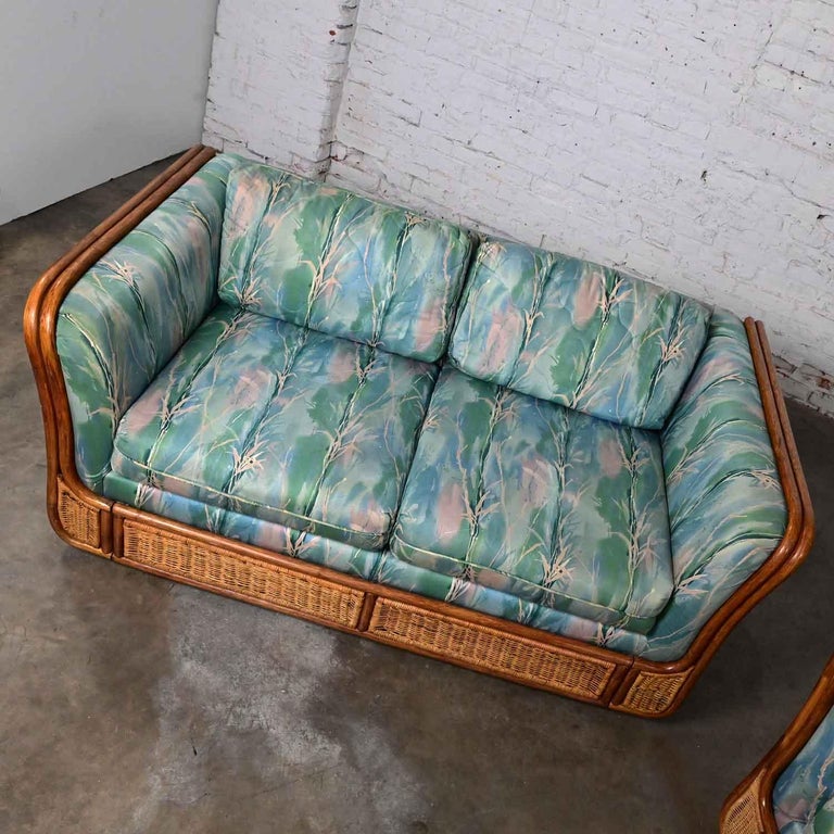 Late 20th Century Boho Chic Rattan and Wicker Tuxedo Style Upholstered ...