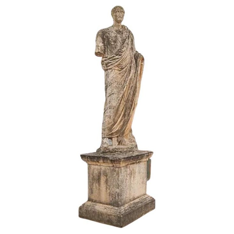 Late 20th Century Composition Stone Figure of a Roman Senator on Plinth ...