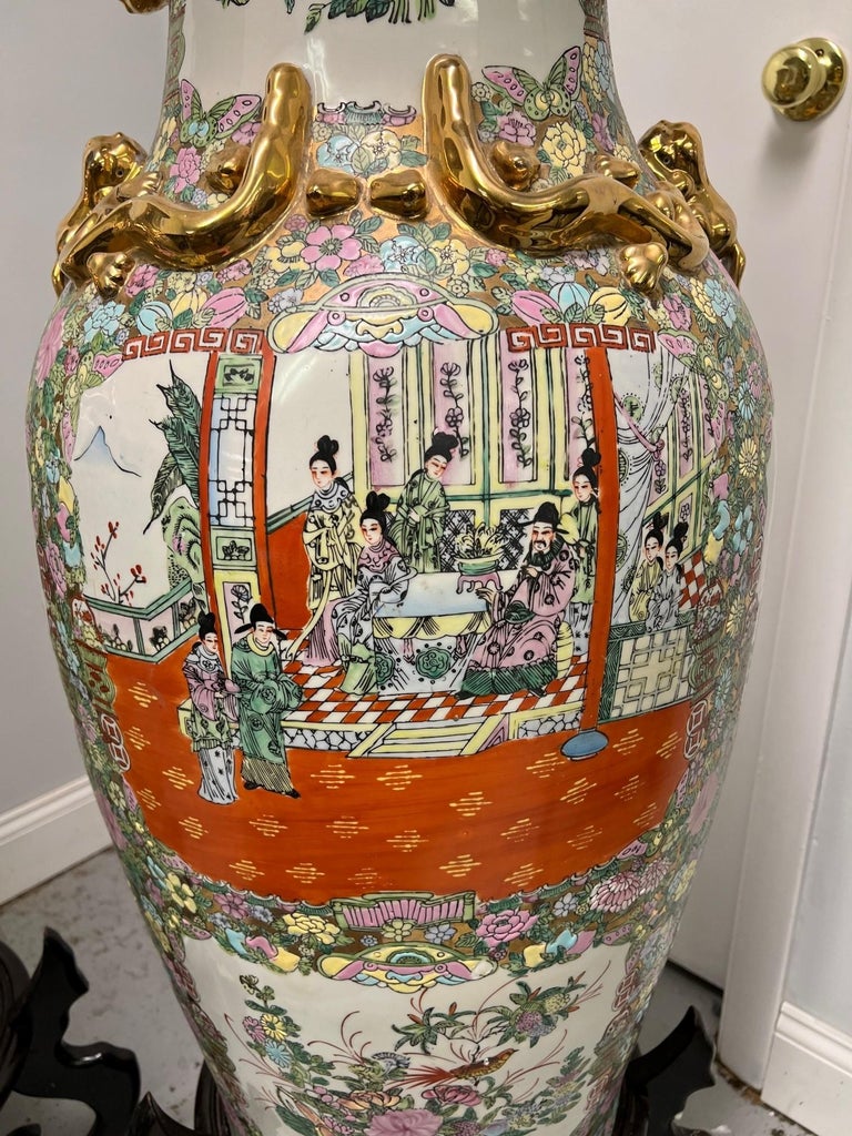 Late 20th Century Large Pair of Chinese Porcelain Floor Vases with Wood ...