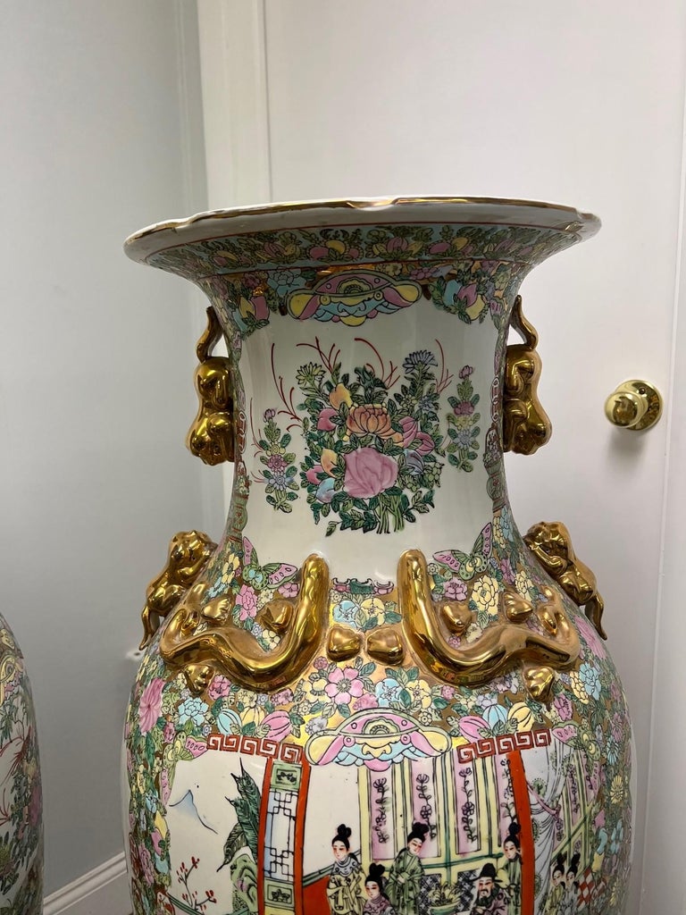 Late 20th Century Large Pair of Chinese Porcelain Floor Vases with Wood ...