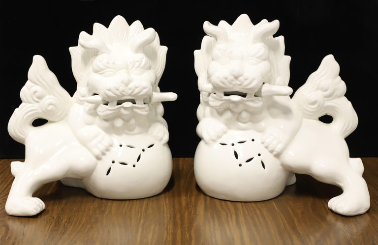 Late 20th Century Large White Ceramic Foo Dogs - Pair For Sale at 1stDibs