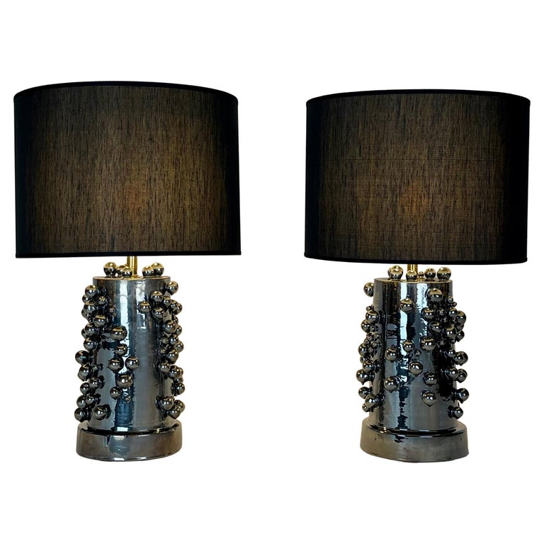 Late 20th Century Pair of Black Iridescent Earthenware Table Lamps w ...
