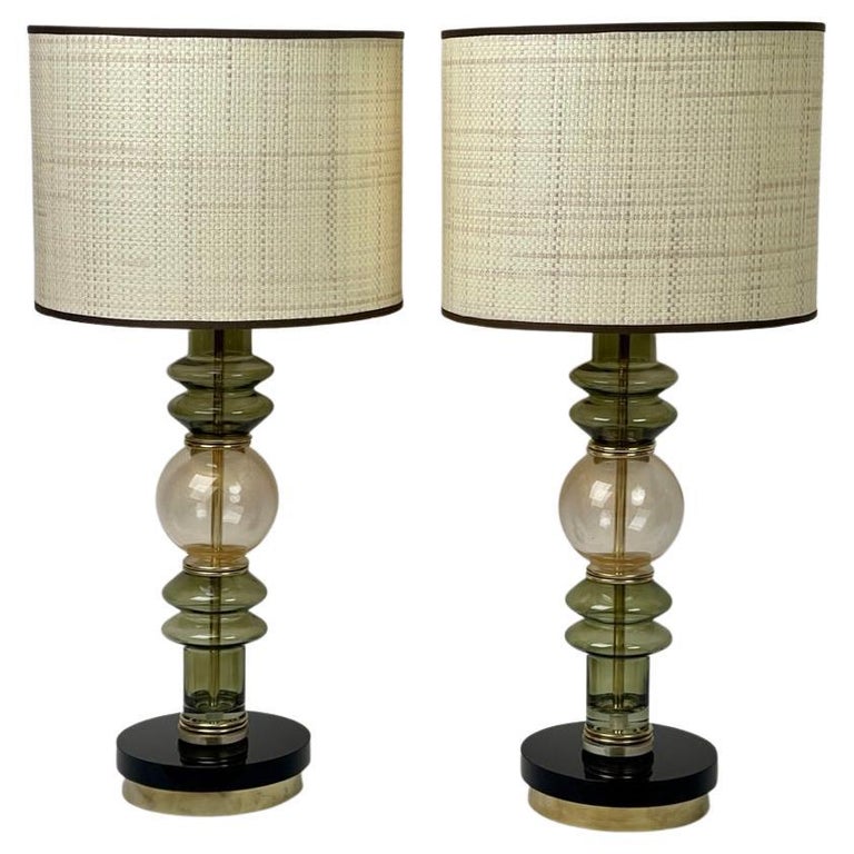 Late 20th Century Pair Of Brass And Greengold Murano Art Glass Table Lamps For Sale At 1stdibs
