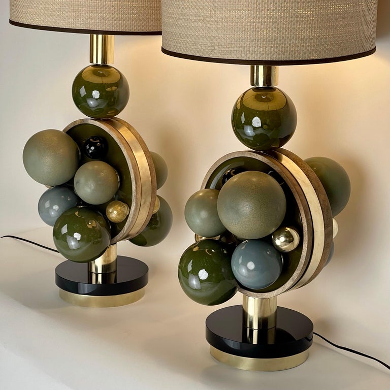 Late 20th Century Pair of Brass, Wood, Glass and Green Ceramic Balls ...