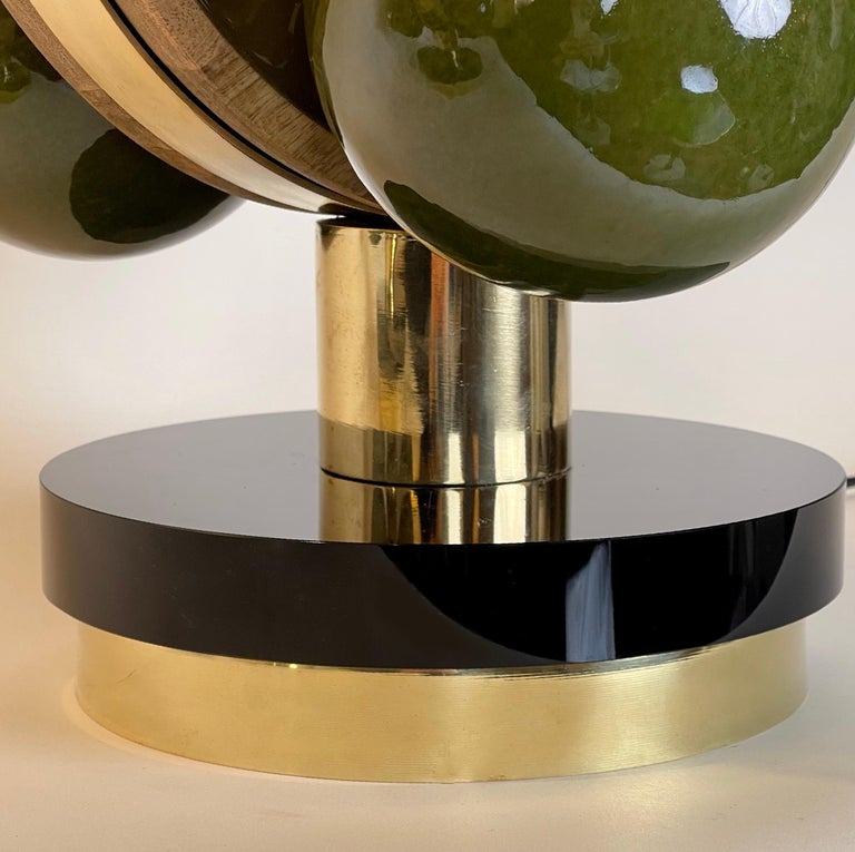 Late 20th Century Pair of Brass, Wood, Glass and Green Ceramic Balls ...