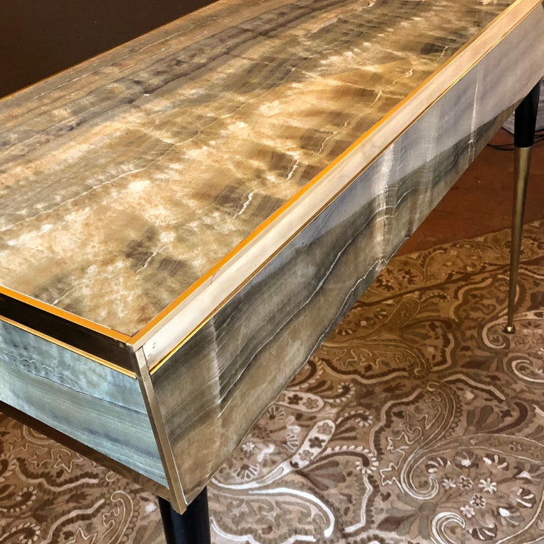 Late 20th Century Pair of Italian Green Faux Onyx Consoles with Brass ...
