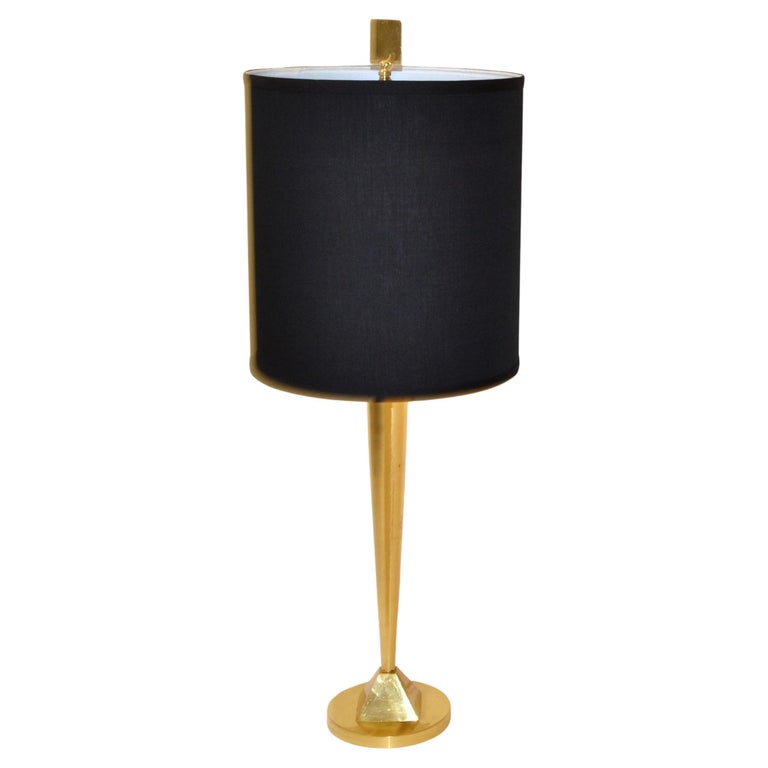 Late 20th Century Solid Brass Geometric Tall Table Lamp Black Fabric ...