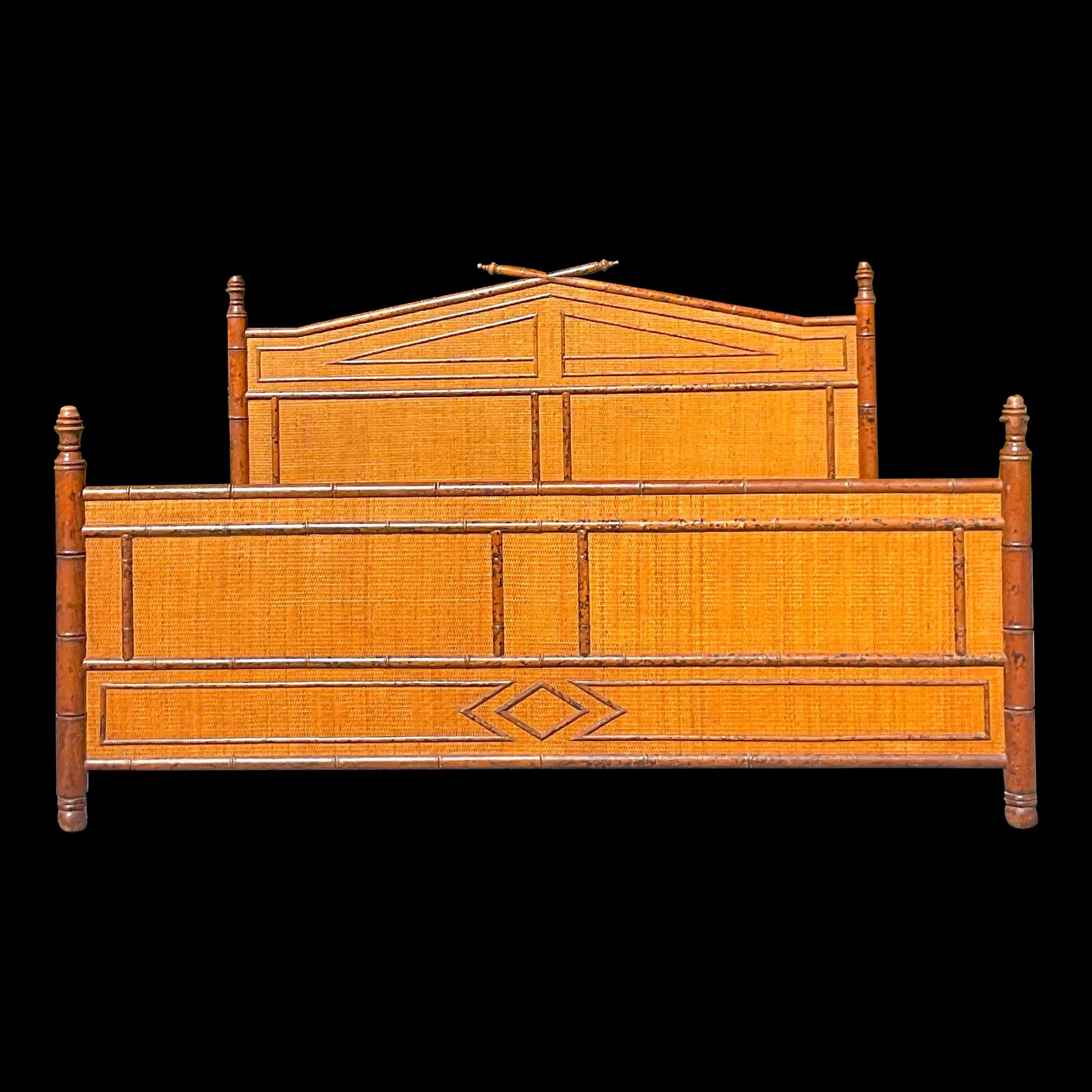 Late 20th Century Vintage Boho Burnt Bamboo King Size Bed Frame For ...