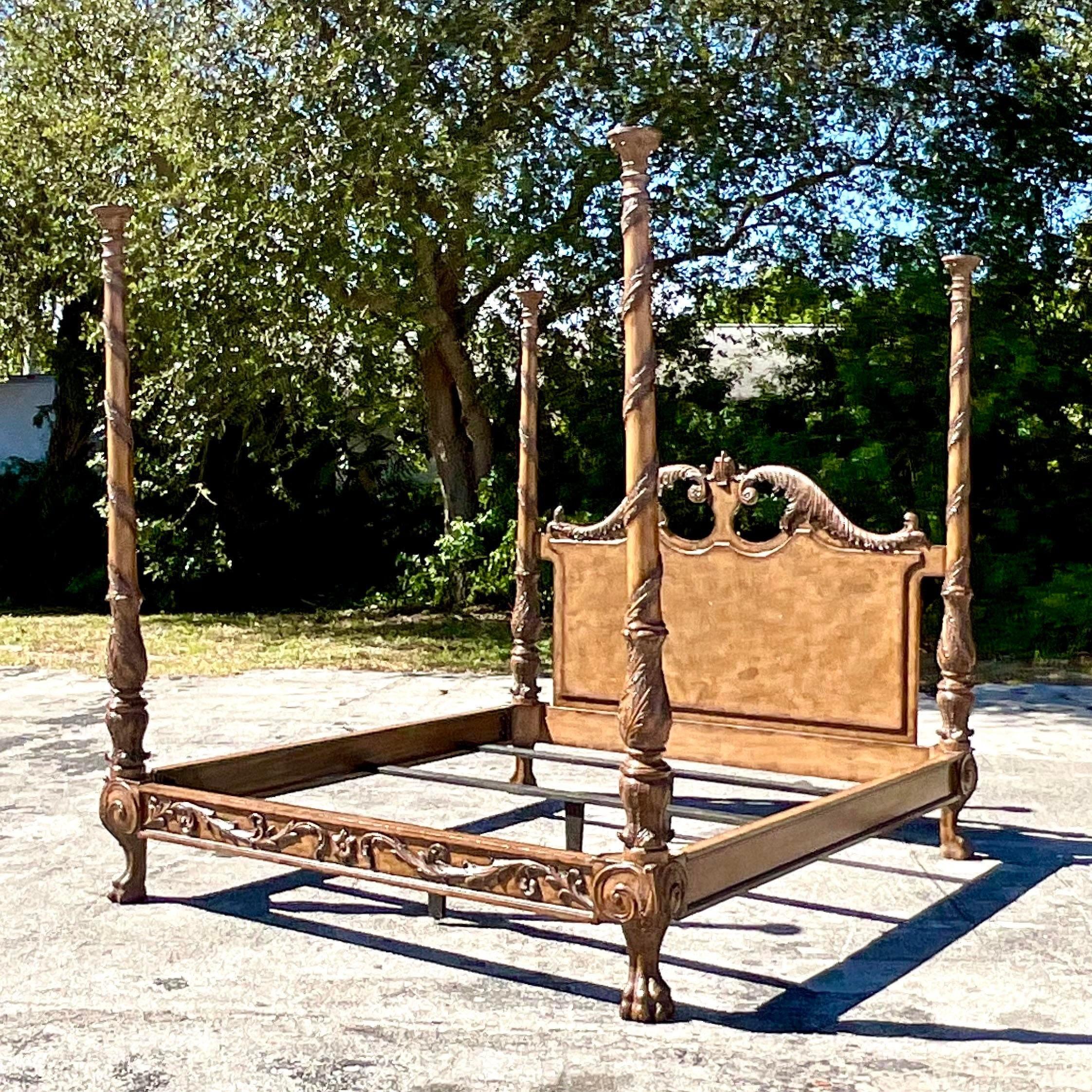 Late 20th Century Vintage Boho Maitland Smith Carved King Poster Bed Frame For Sale at 1stDibs