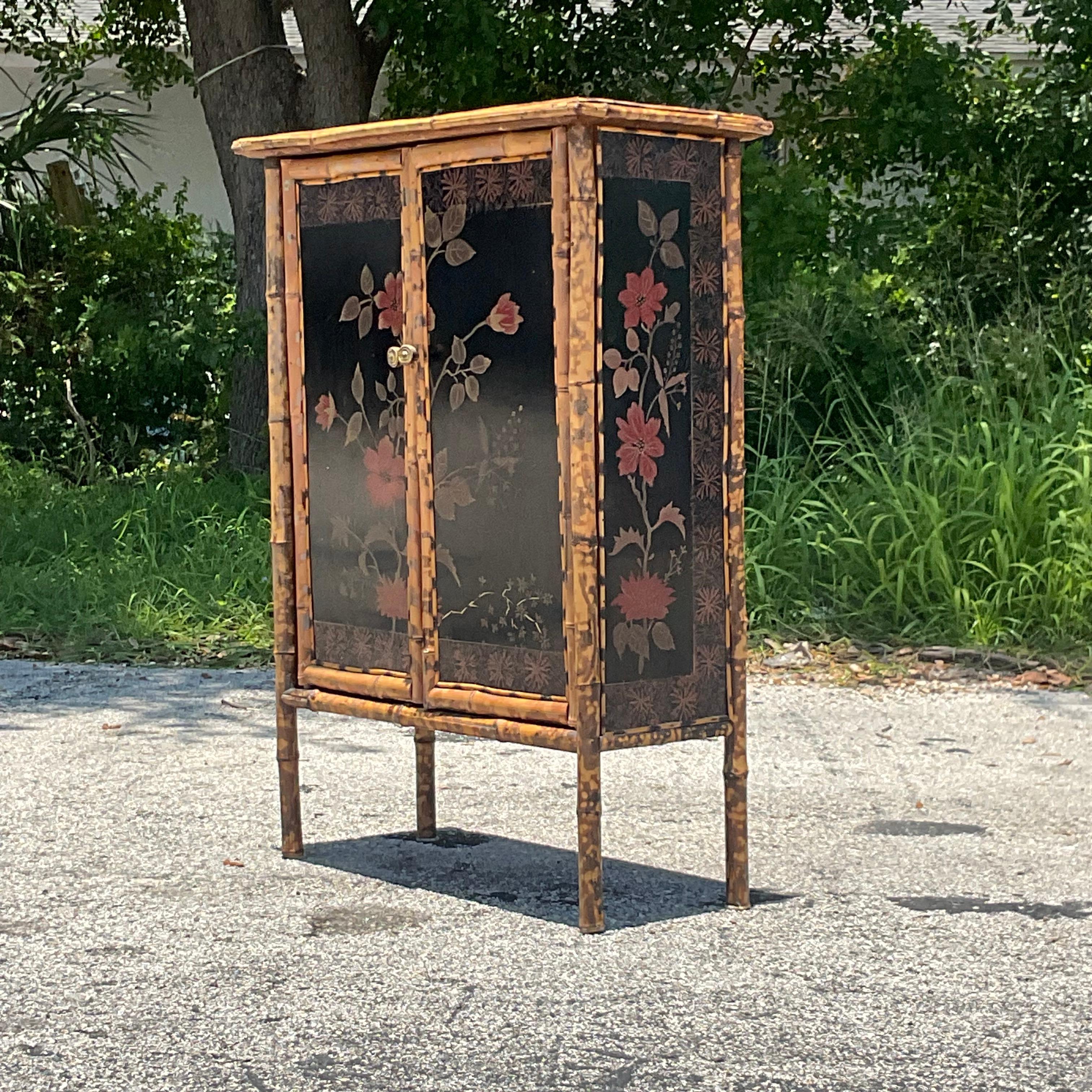 Late 20th Century Vintage Coastal Burnt Bamboo Chinoiserie Cabinet For ...