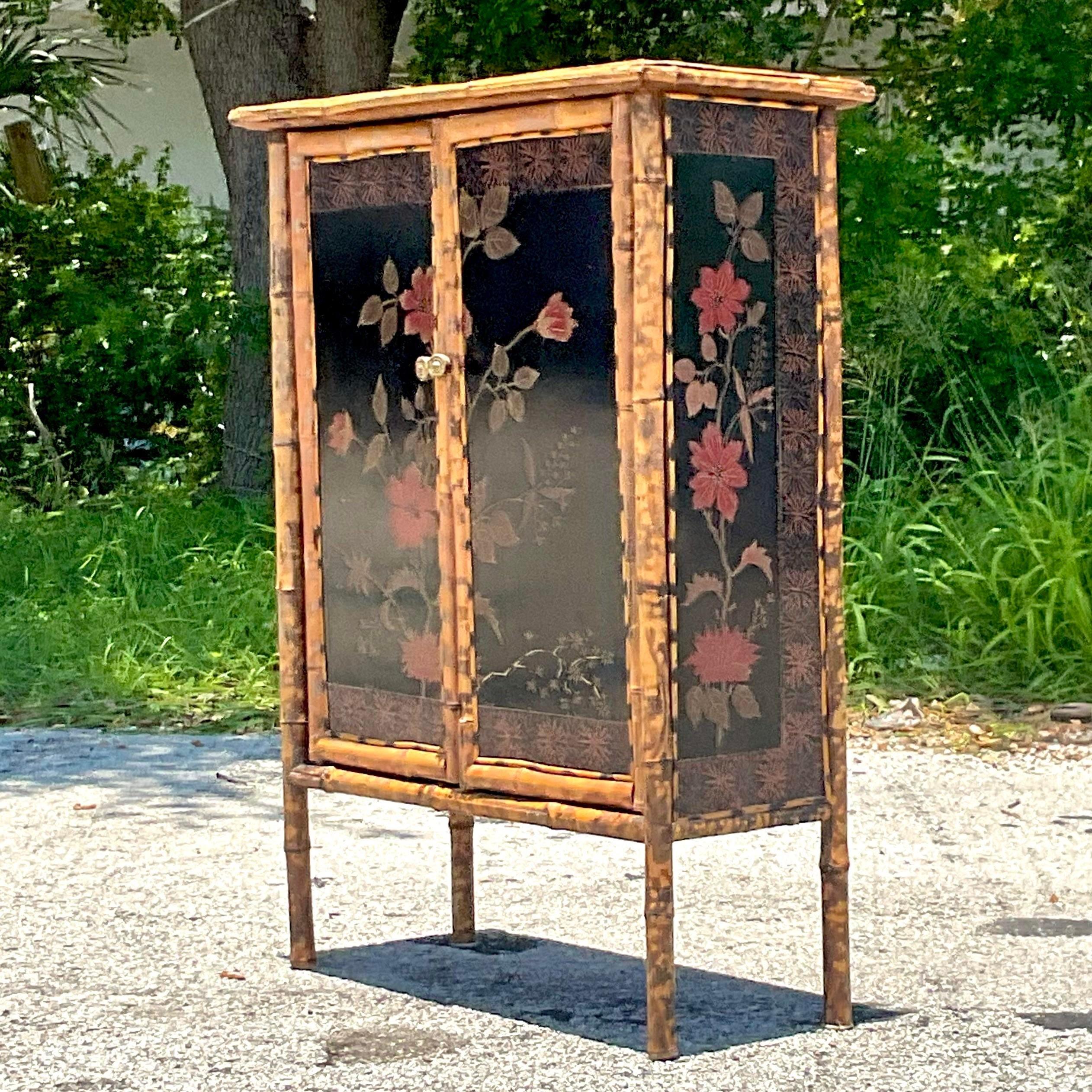 Late 20th Century Vintage Coastal Burnt Bamboo Chinoiserie Cabinet For ...