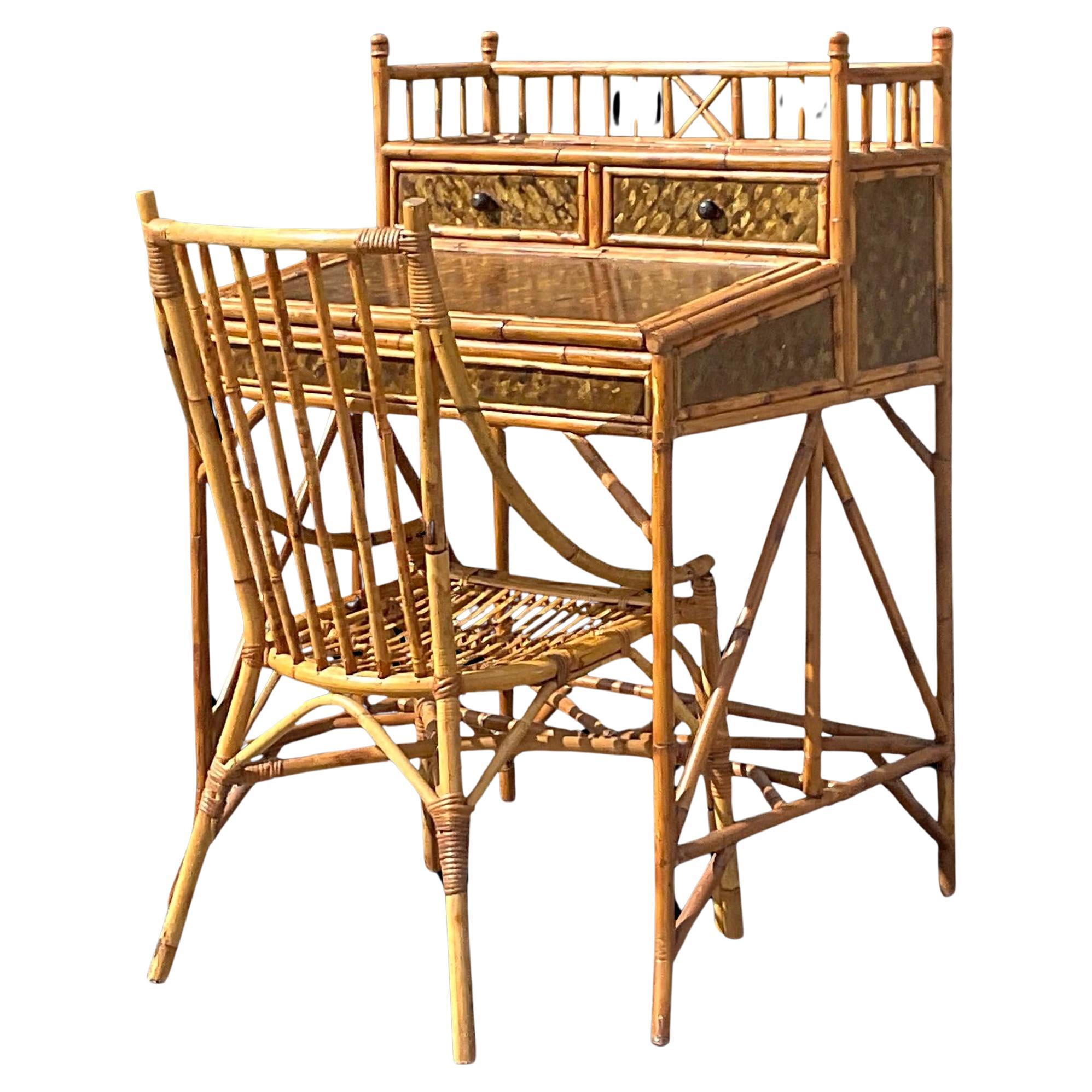 Late 20th Century Vintage Coastal Tortoise Bamboo Sloped Writing Desk ...