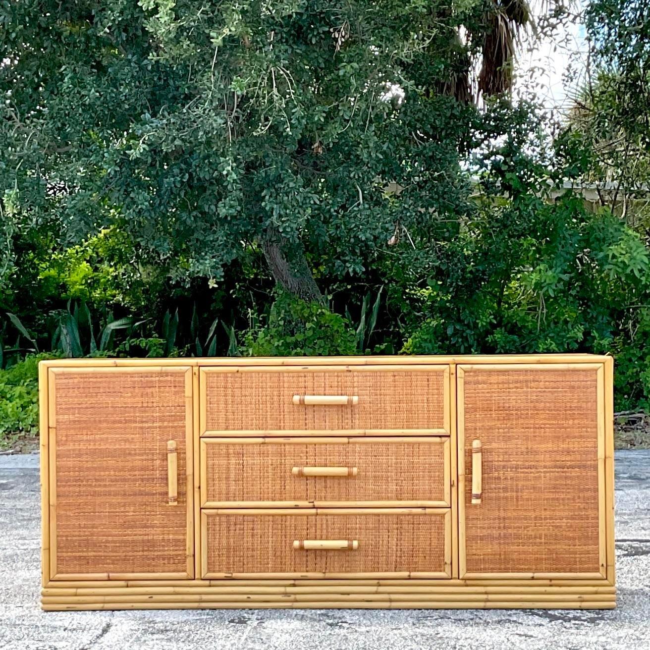 Late 20th Century Vintage Coastal Rattan Credenza For Sale at 1stDibs