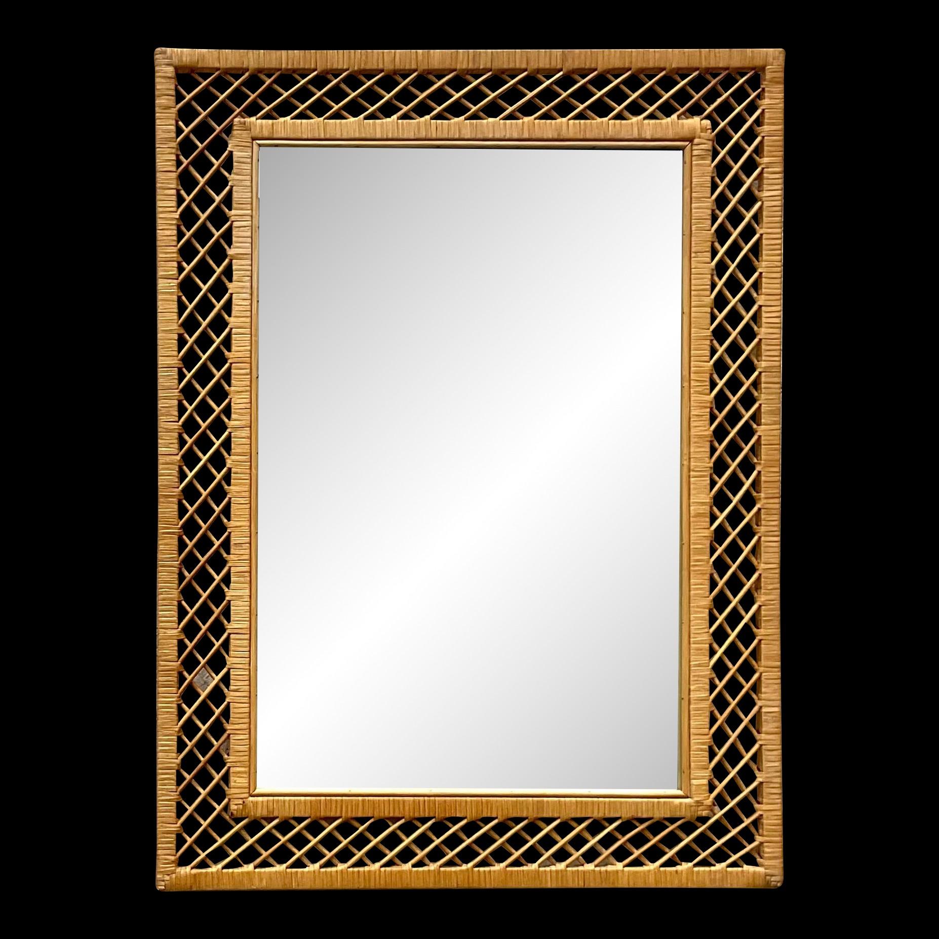 Late 20th Century Vintage Coastal Trellis Rattan Mirror For Sale at 1stDibs