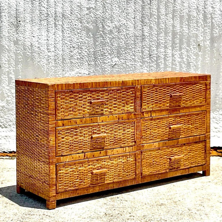 Late 20th Century Vintage Coastal Woven Rattan Dresser For Sale at 1stDibs