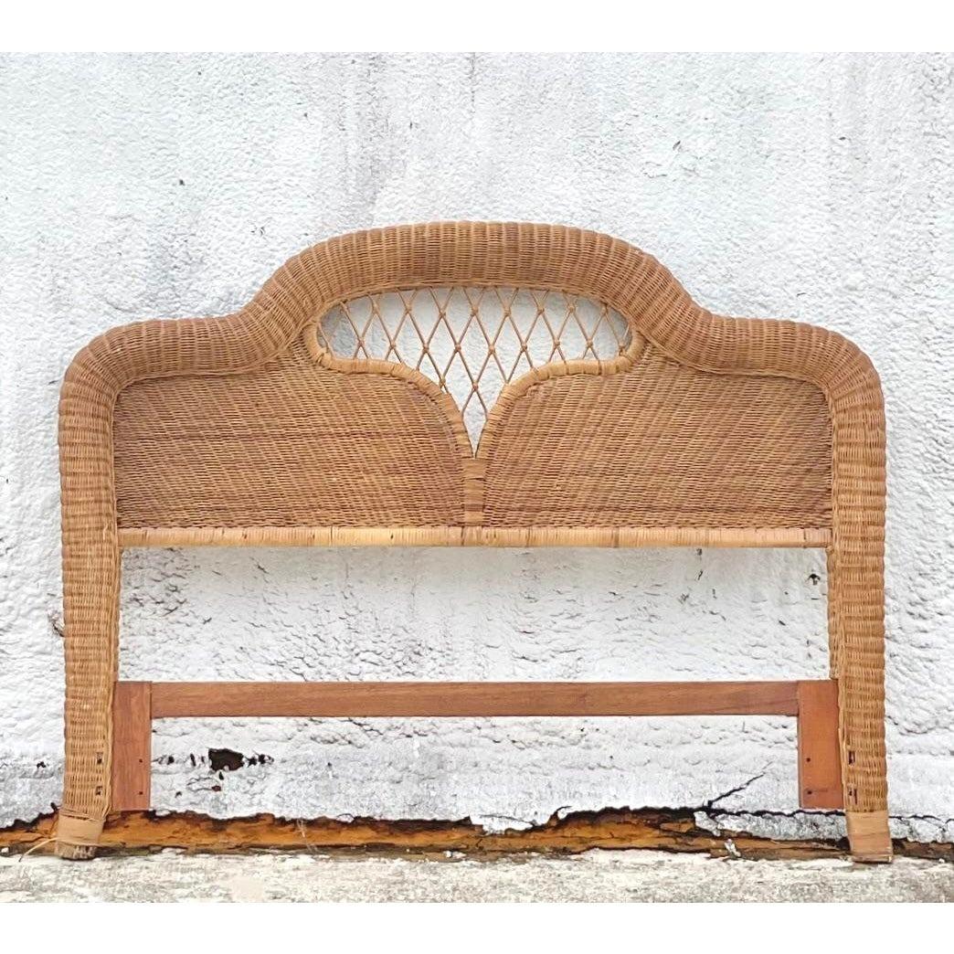 Late 20th Century Vintage Coastal Woven Rattan Lattice Queen Headboard ...