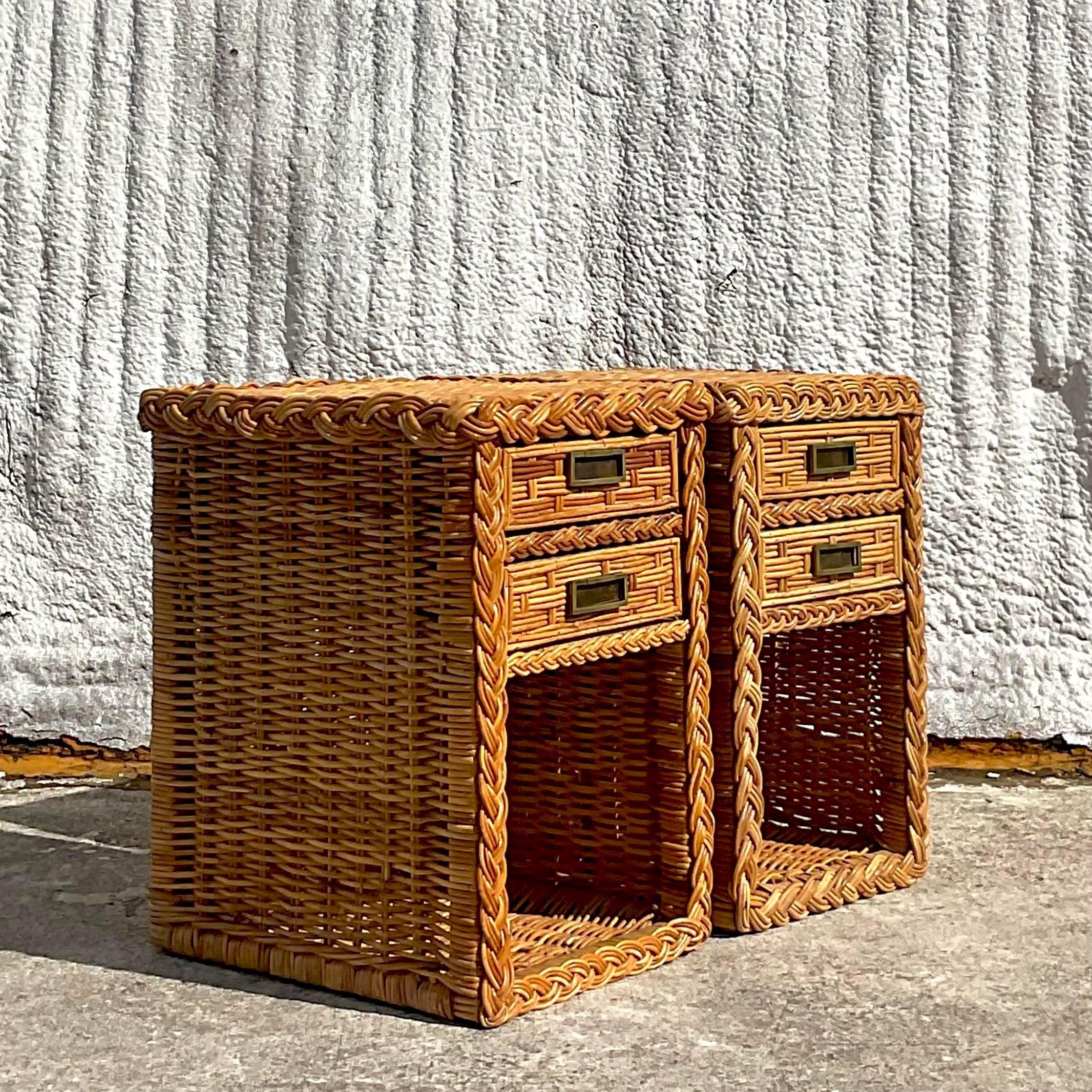 Late 20th Century Vintage Wrapped Rattan Campaign Style Nightstands - A ...