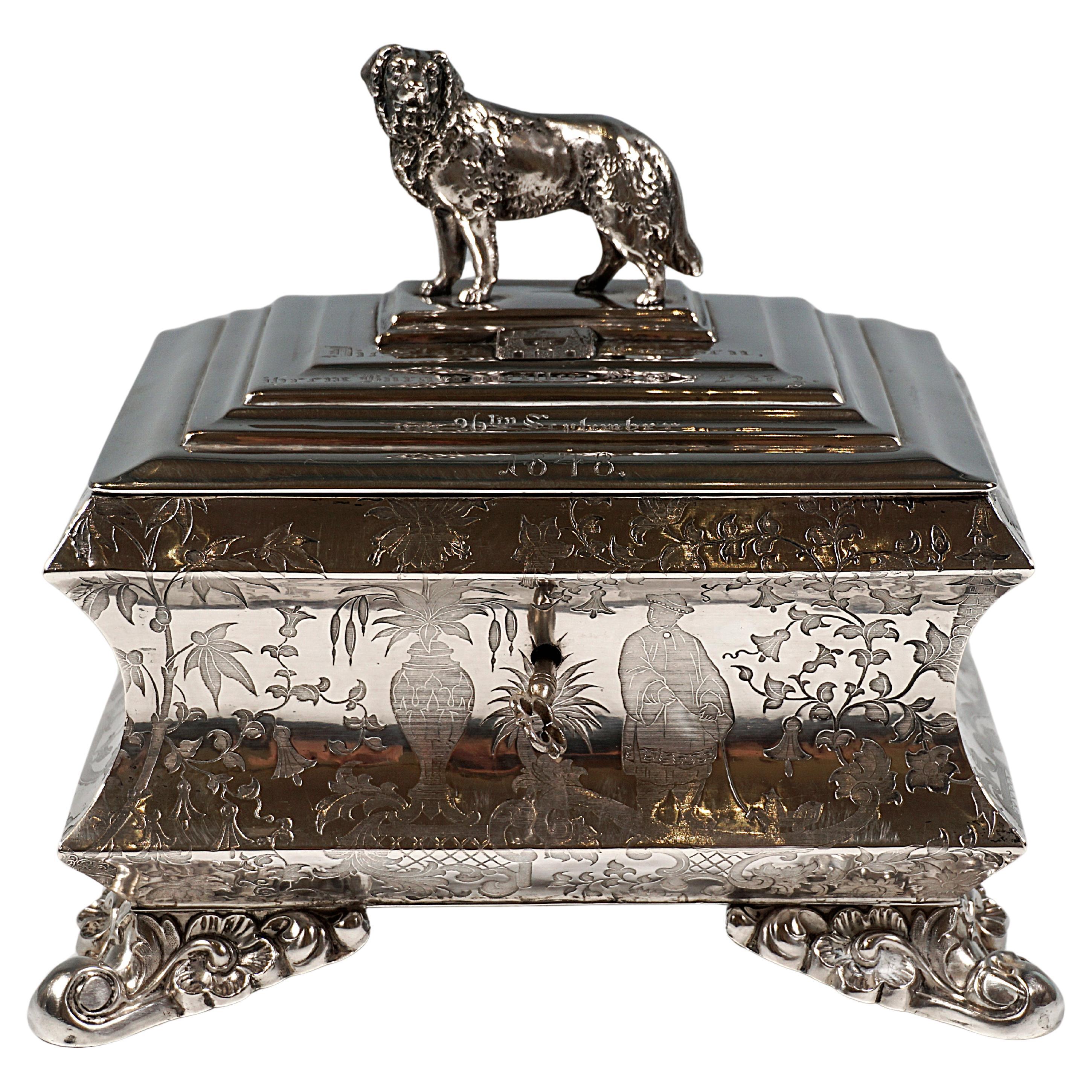 Late Biedermeier Silver Sugar Box With Chinoiseries And Dog Knob ...
